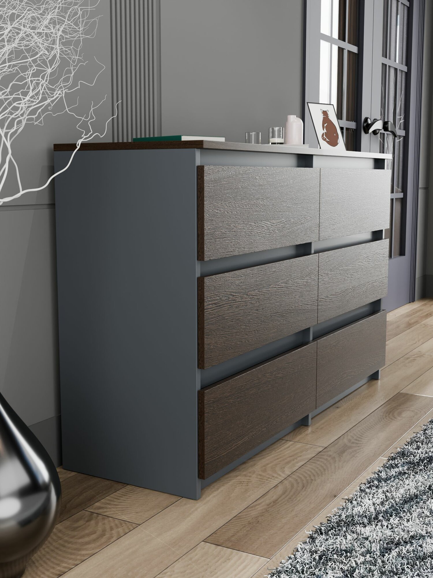 Комод для белья и одежды орлан 6 ящиков, 120х76.4х40 см, графит/венге