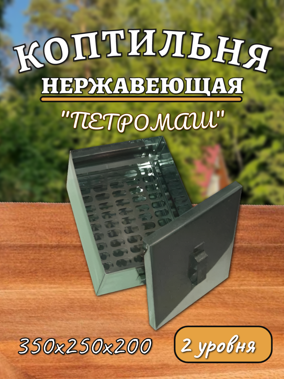 Коптильня "Петромаш" малая-нержавеющая 350х250х200, 2 уровня