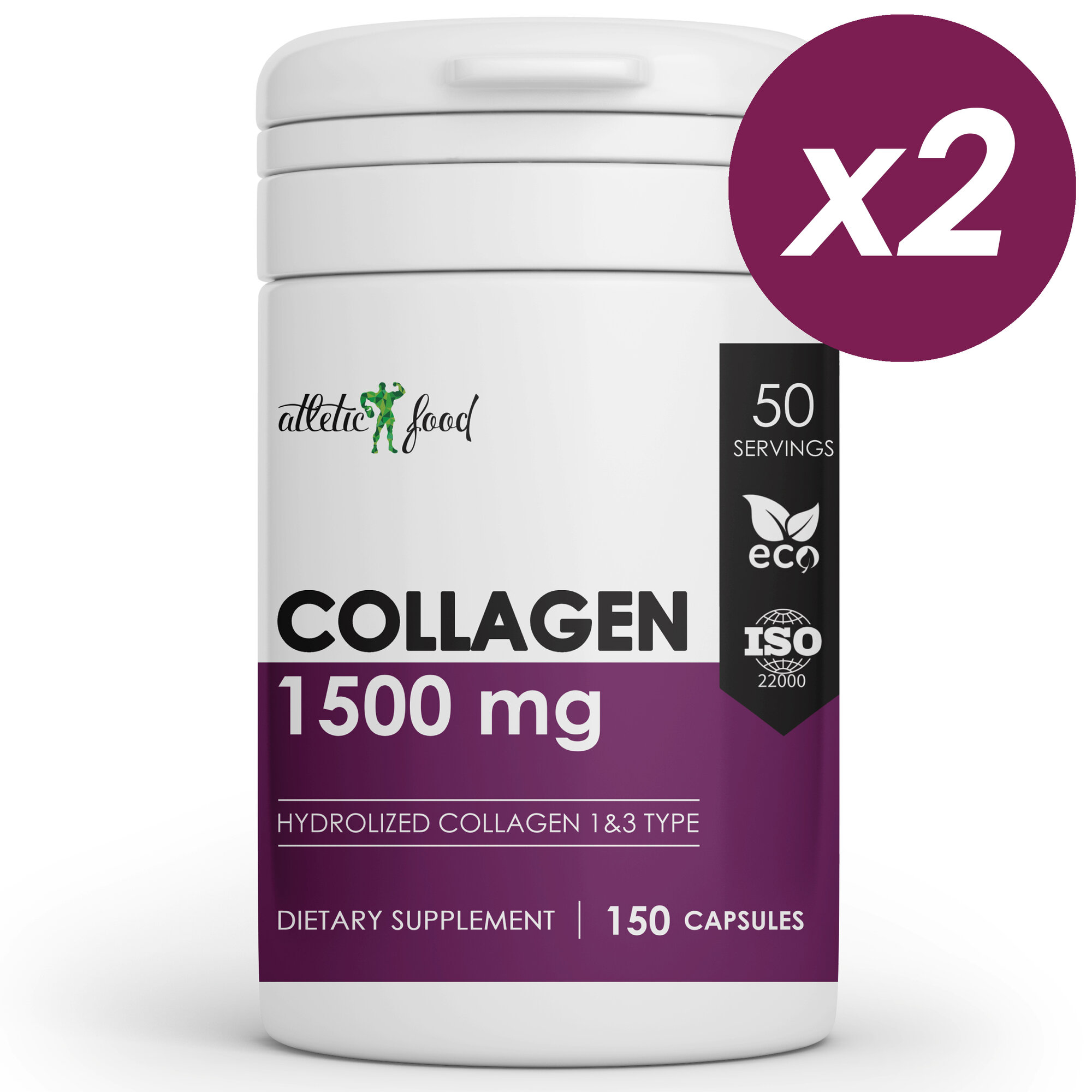 Atletic Food Говяжий коллаген Hydrolized Collagen Type 1&3 1500 mg - 300 капсул (2 шт по 150 капс)