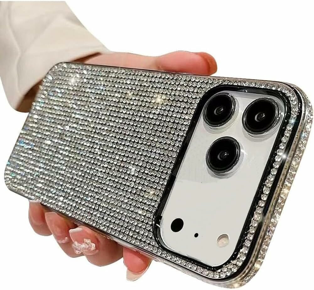 Чехол с кристаллами и стразами для iPhone 17 Pro Max, противоударный мягкий бампер, серебристый цвет