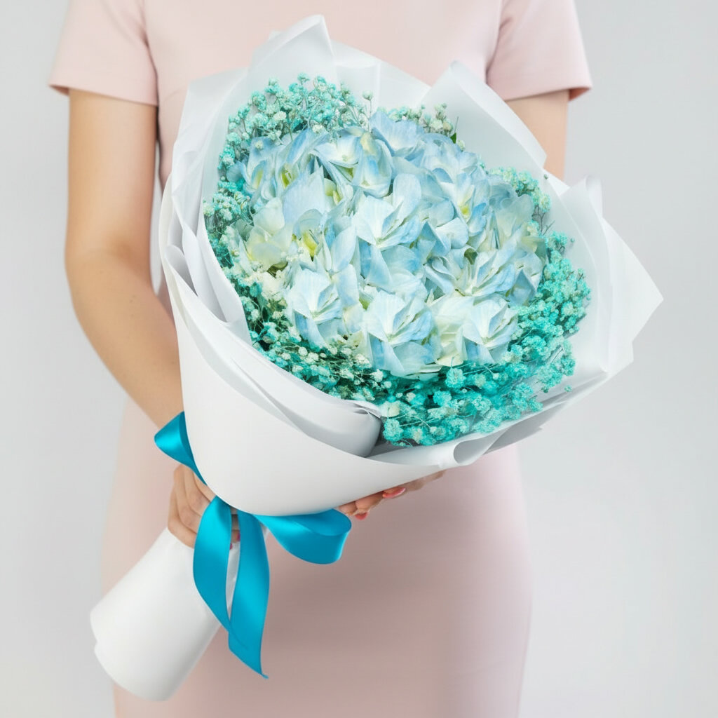 Дуо-букет Мегацвет24 "Гипсофила и Гортензия", голубой, дизайнерская упаковка