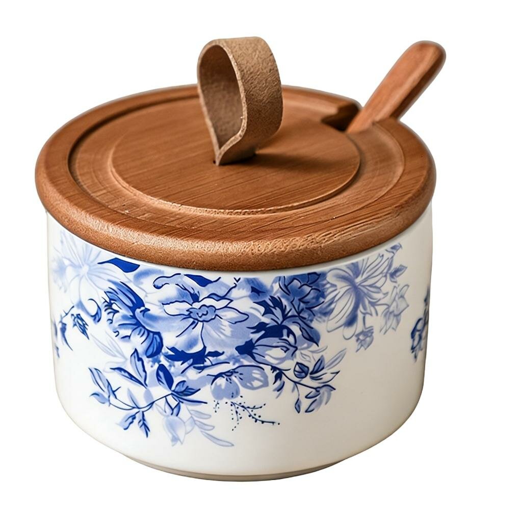 Керамическая солонка с крышкой и ложкой, Китайские цветы