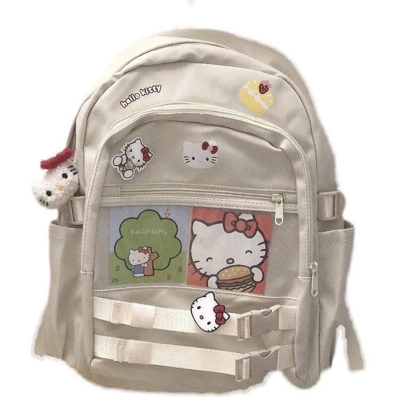 Рюкзак Hello Kitty для девочек, школьный бежевый из Оксфорд нейлона, с принтом Hello Kitty, с отделениями для телефона и карманом для бутылки — фото 1