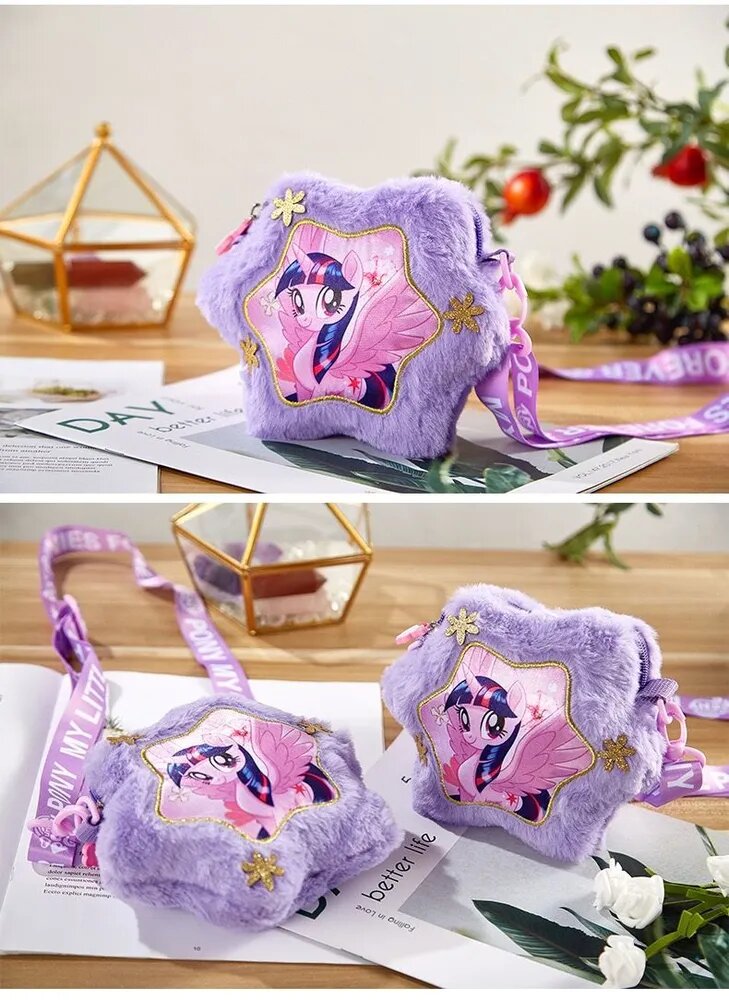 Детский плюшевый рюкзак My Little Pony с изображением Флаттершай и Твайлайт Спаркл для девочек, сумка через плечо, регулируемый ремень — фото 1