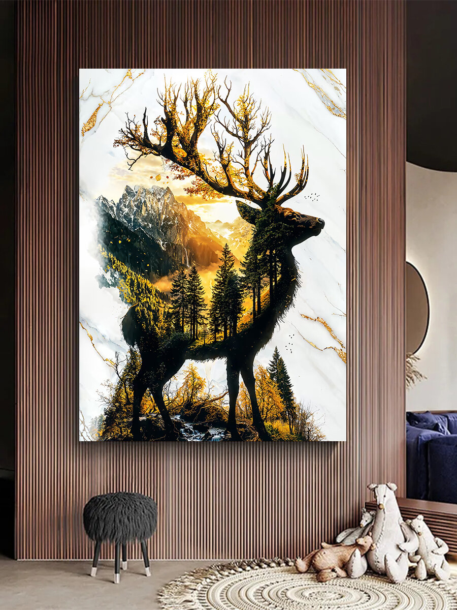 Картина интерьерная - "Абстрактный пейзаж с животными, лес природа олень, золотая поталь" , 50х70 см.