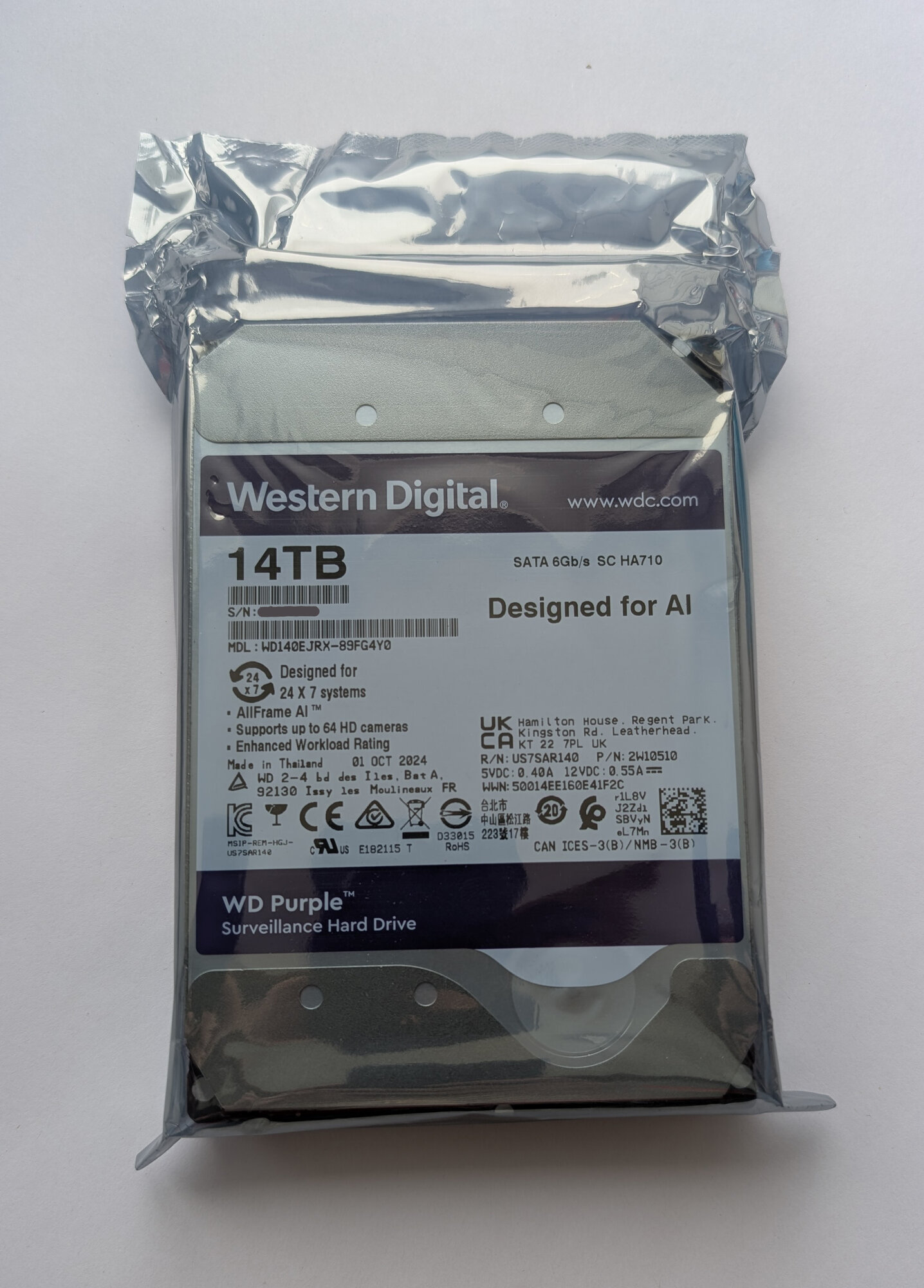 Жесткий диск Western Digital Purple WD140EJRX, 14TB, 3.5", SATA 6 Gb/s, для видеонаблюдения