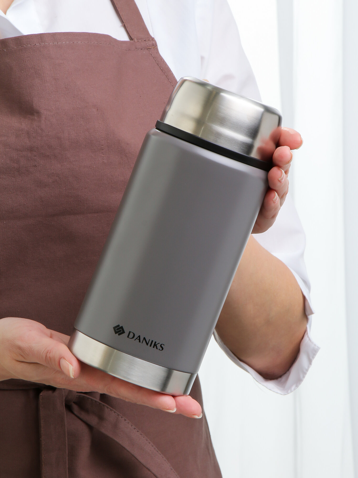 Термос для еды Daniks Эгида 0.75 л, нержавеющая сталь, широкое горло, с ложкой и чехлом, серый, DTS-750