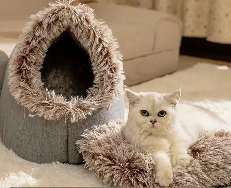 Красный кошачий домик с белым мехом, мягкий уютный дом для кошки, лежанка — фото 1