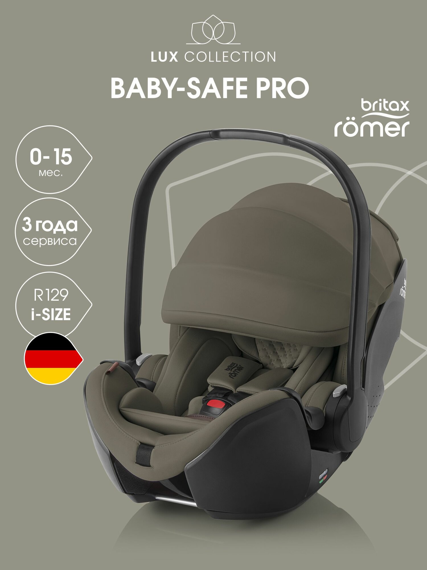 Автокресло автолюлька переноска для новорожденных 0+ Britax Roemer BABY-SAFE PRO LUX Urban Olive (коллекция Люкс, оливковый)