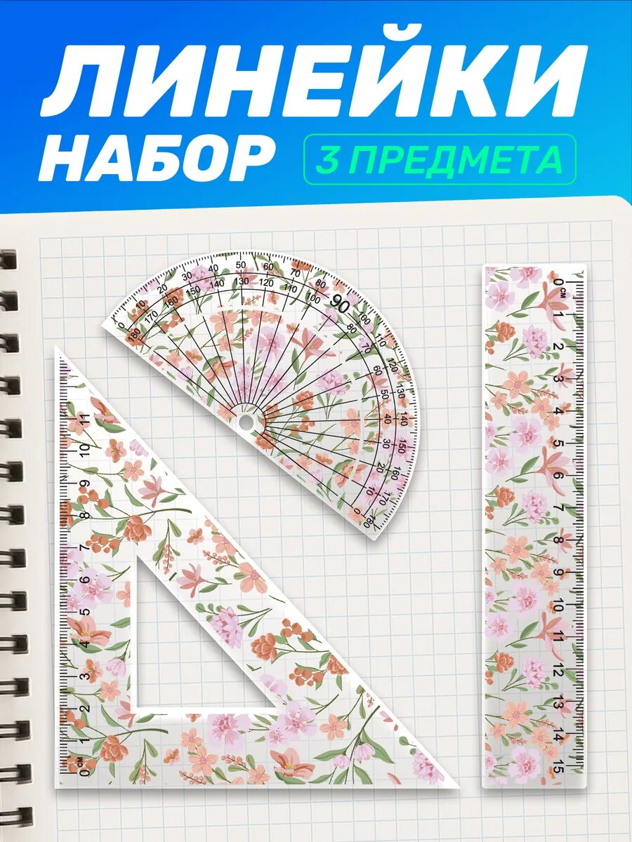 Набор линеек для школьника с транспортиром Цветы