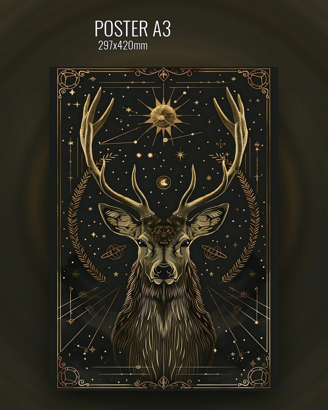 Artstiker Постер А3 Мистический олень на чёрном фоне с звёздами