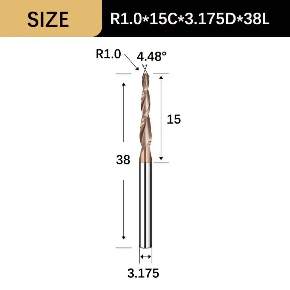 Торцевая фреза коническая R1.0x15C*3.175D*38L, 2 канала