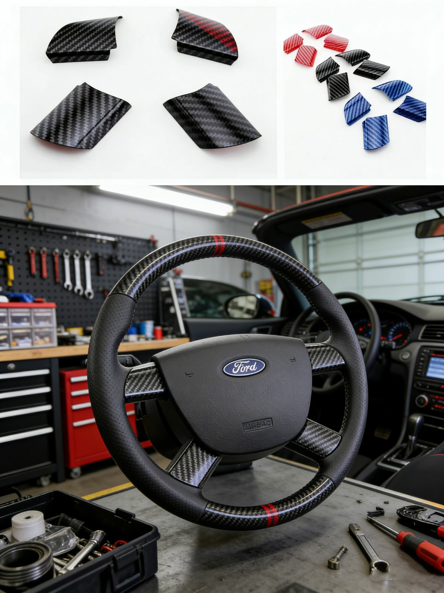 Накладка на рулевое колесо Ford Focus 2 (MK2) 2005-2013 — декоративная отделка в стиле карбона, комплект 4 шт.
