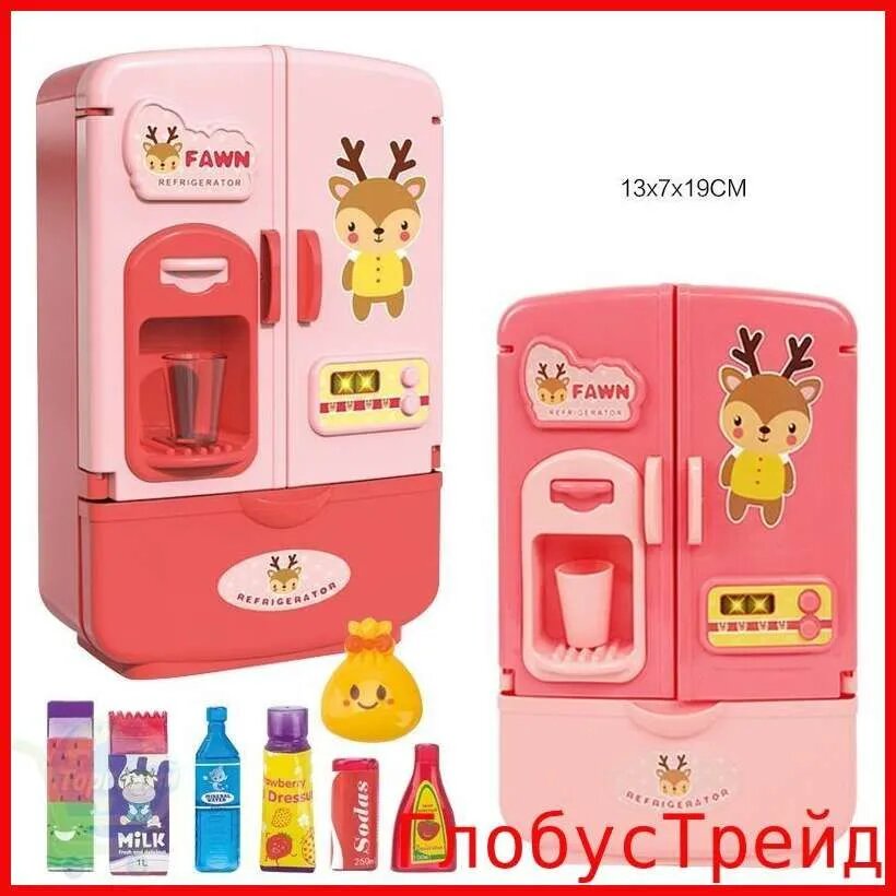 Игрушечный холодильник розового цвета для кукол с продуктами, материал ABS пластик, размер 13x7x19 см
