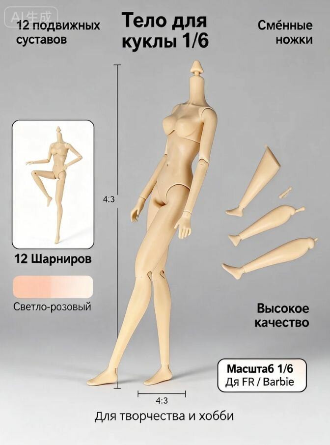 Тело куклы шарнирное 1/6, 12 суставов, светло-розовое, сменные ножки. Туловище для FR, Барби, Монстер Хай, подвижное тело для кастома, коллекций и фотосессий.