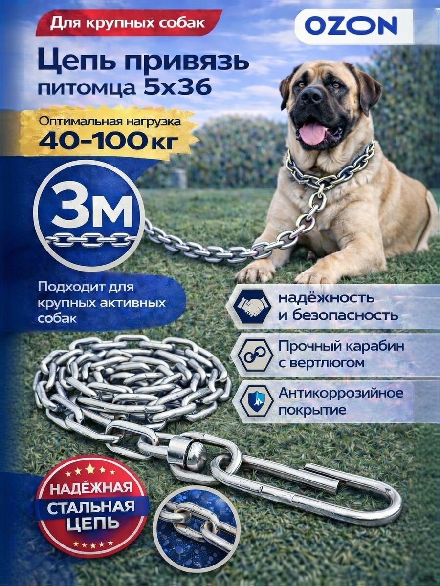 Цепь для собак привязочная, с карабином, для крупных пород, 3 метра белая