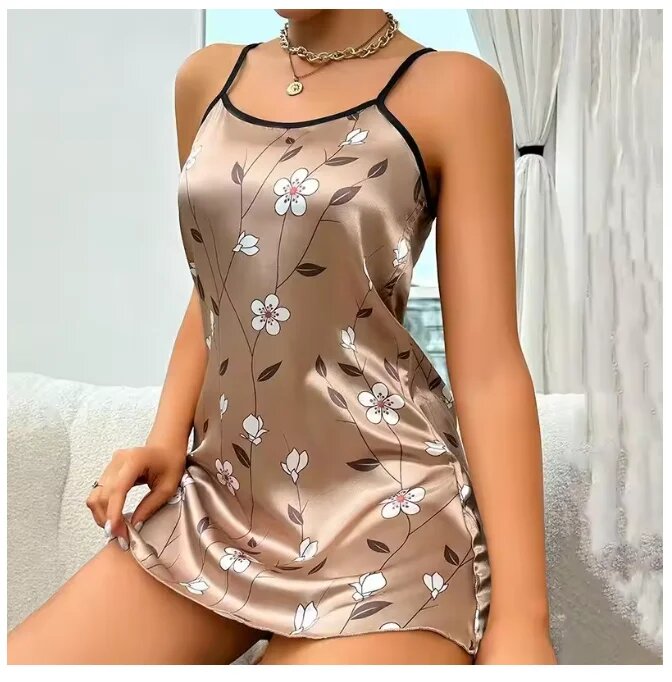 Ladies Sexy Sling Nightgown Nightdress Women's Sexy Lingerie Silk Satin Sleepwear Floral Pinting Nightwear Homewear Mini Dress