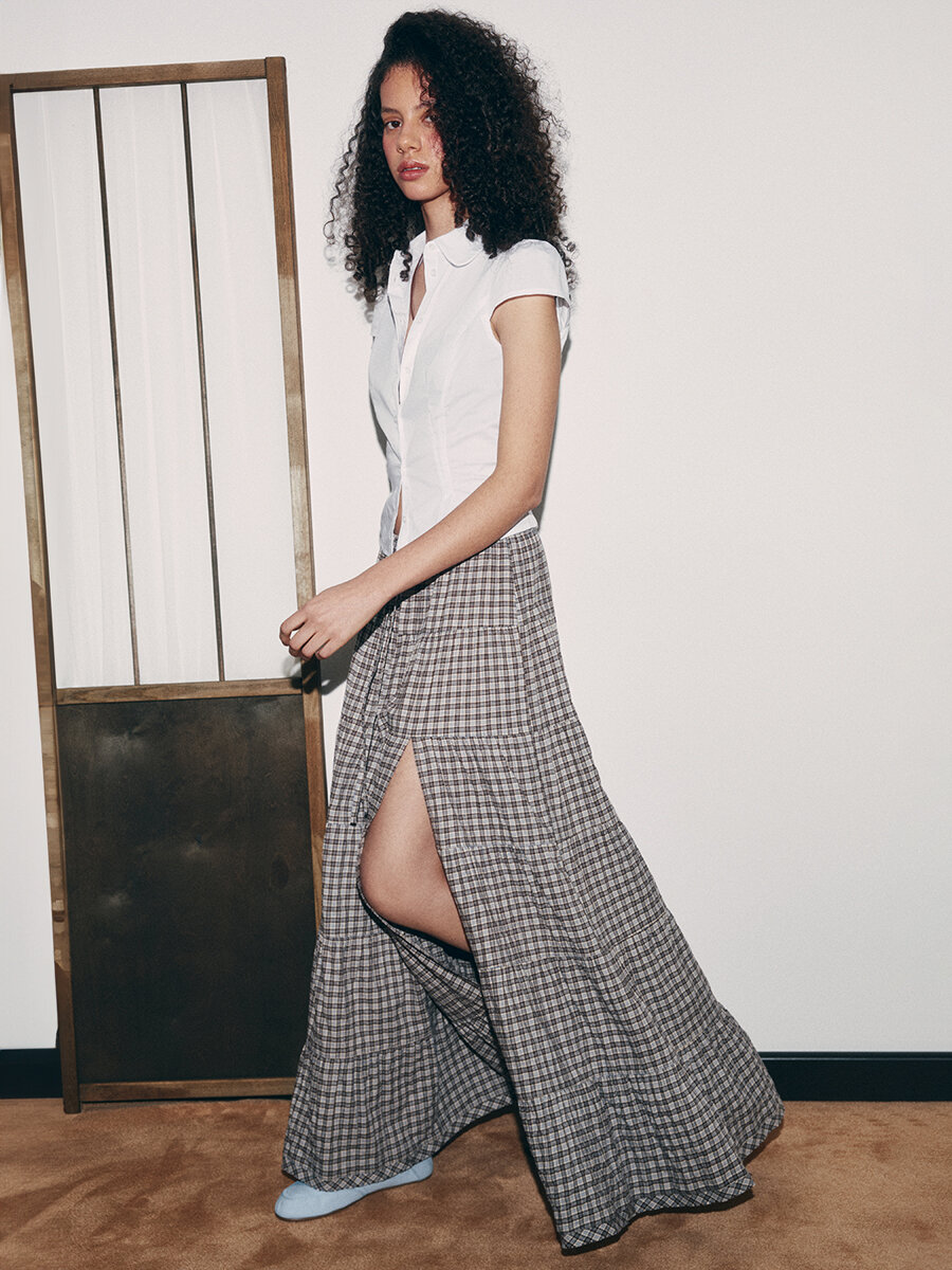 Юбка макси в клетку на завязках с воланами и разрезом