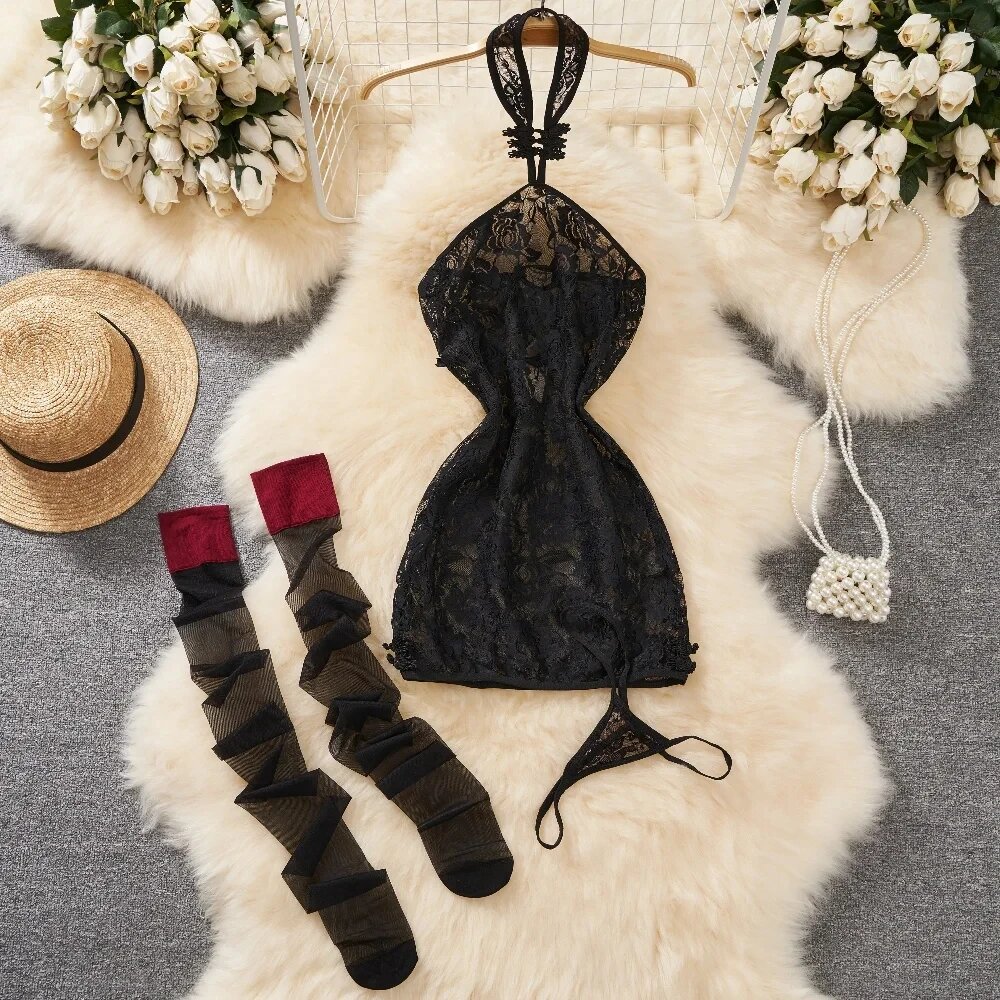Черное кружевное платье с лямкой на шее, Size L, Цвет: QD394--