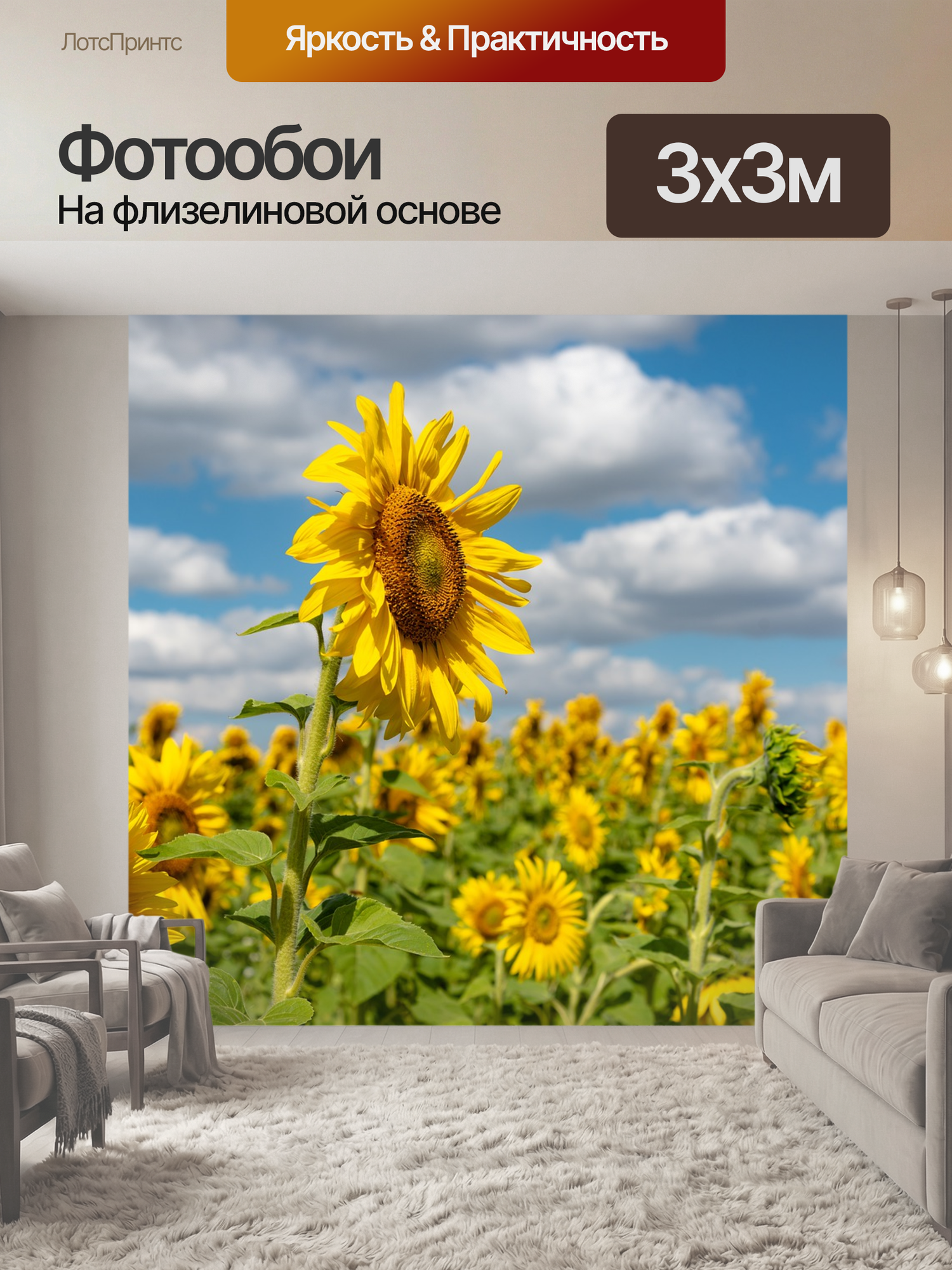 Фотообои "Подсолнухи, поле подсолнечника, подсолнечная ферма" 300x300 см. экосольвентная печать