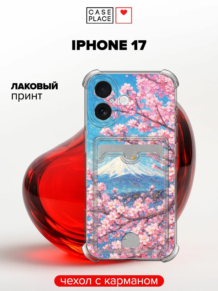 Чехол на Apple iPhone 17 (Айфон 17) с картой и принтом Фудзияма и цветение сакуры