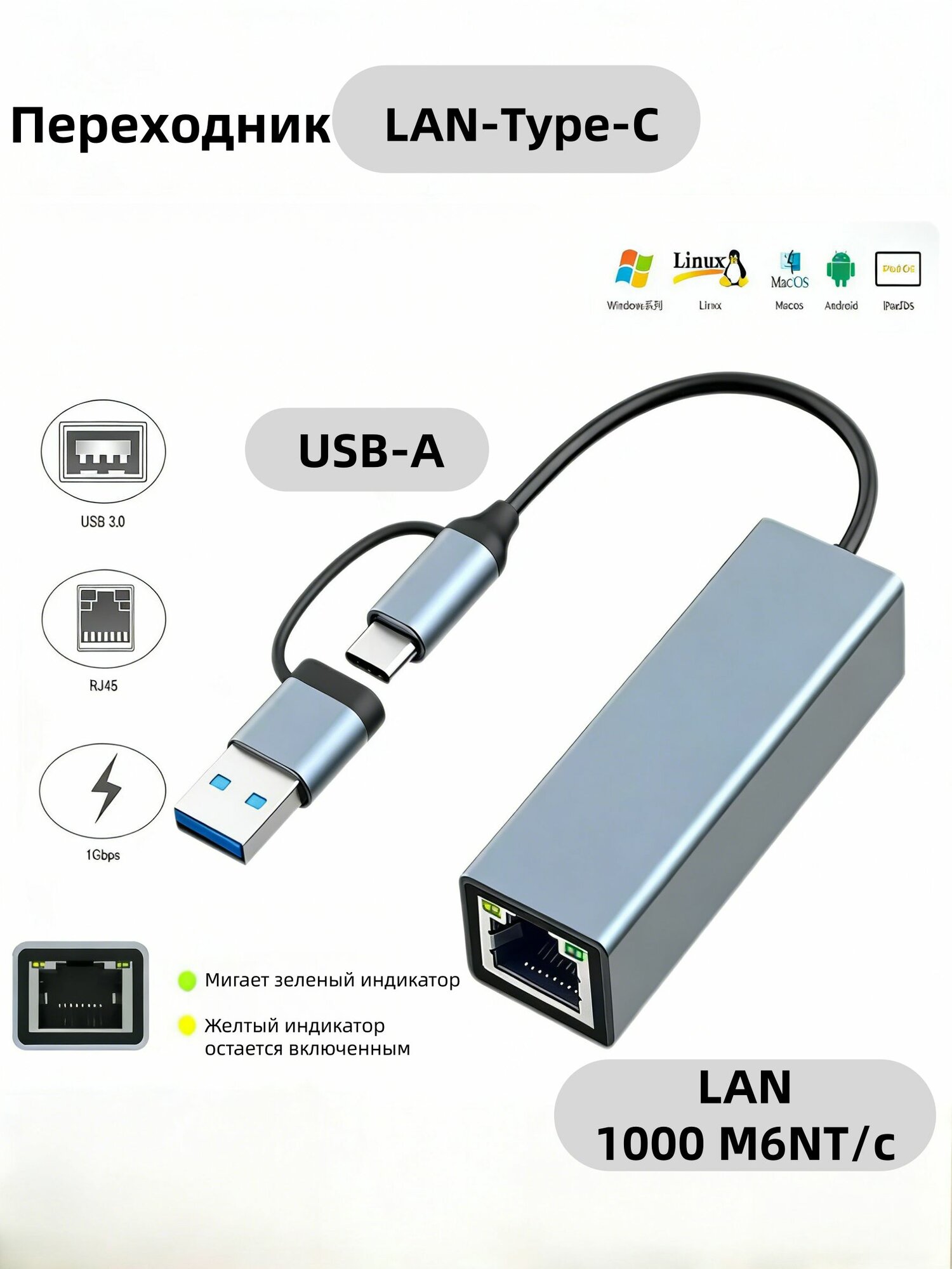 USB Hub Lan Adapter/ Сетевая карта USB / Ethernet адаптер сетевой/ RJ-45 переходник LAN Интернет 1000 Мбит/с