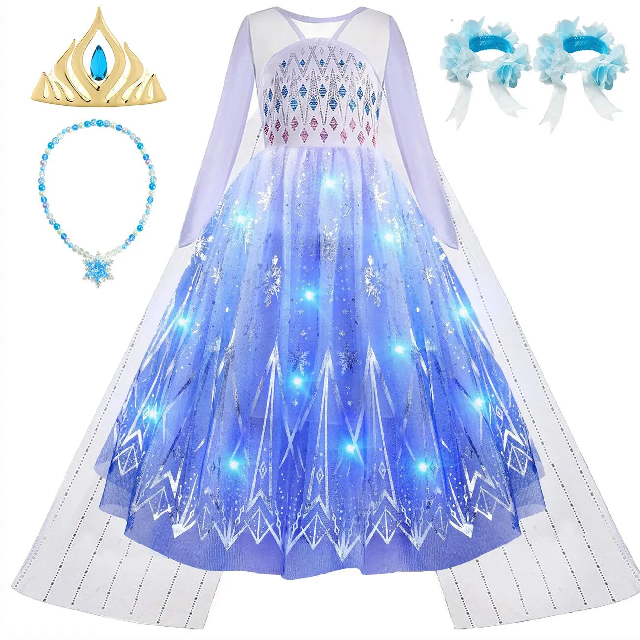 Карнавал Диснея на Хэллоуин, классическая одежда принцессы «Холодное сердце» для маленьких девочек, фантазийное белое платье для косплея, платье Эльзы со светодиодной полосой