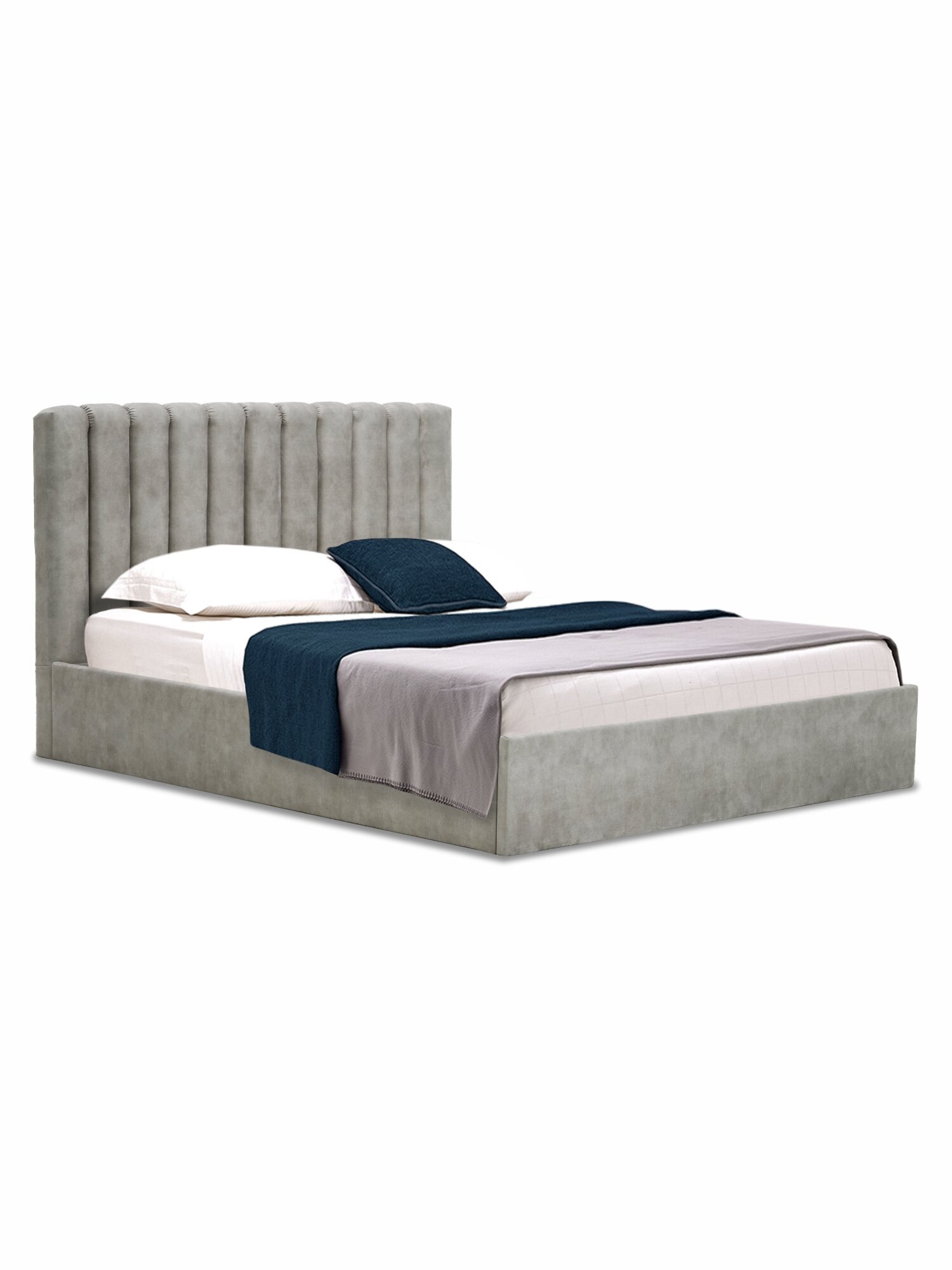 Двуспальная кровать Страйп 160х200 см, с подъемным механизмом и ящиком для белья, велюр светло-серый