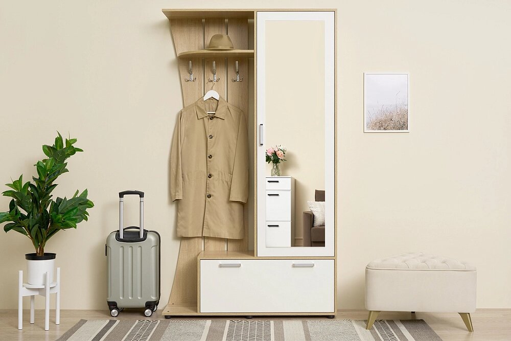 Прихожая стенка вешалка, штанга, зеркало, обувница, Домино-4У, 115х202х33.6 см, ЛДСП, Дуб сонома светлый / белый