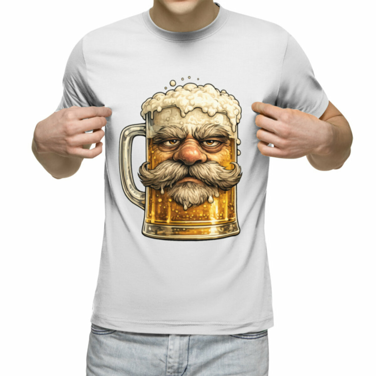 Мужская футболка «Брутальная кружка пива с усатым лицом» (белый, 3XL)