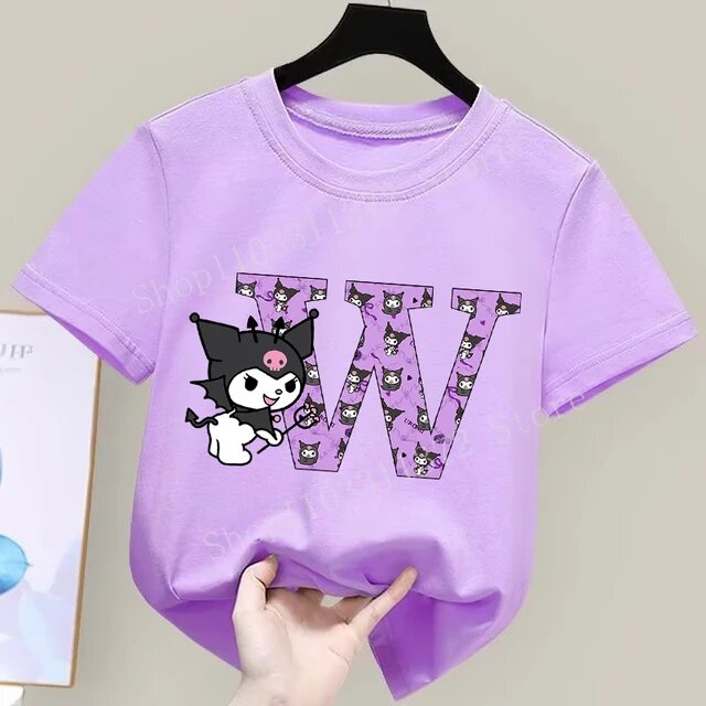 Детская футболка Sanrio Kuromi с милым мультяшным принтом в виде букв AZ и аниме, модная одежда для девочек, топы из хлопка с короткими рукавами для малышей, Размер:150