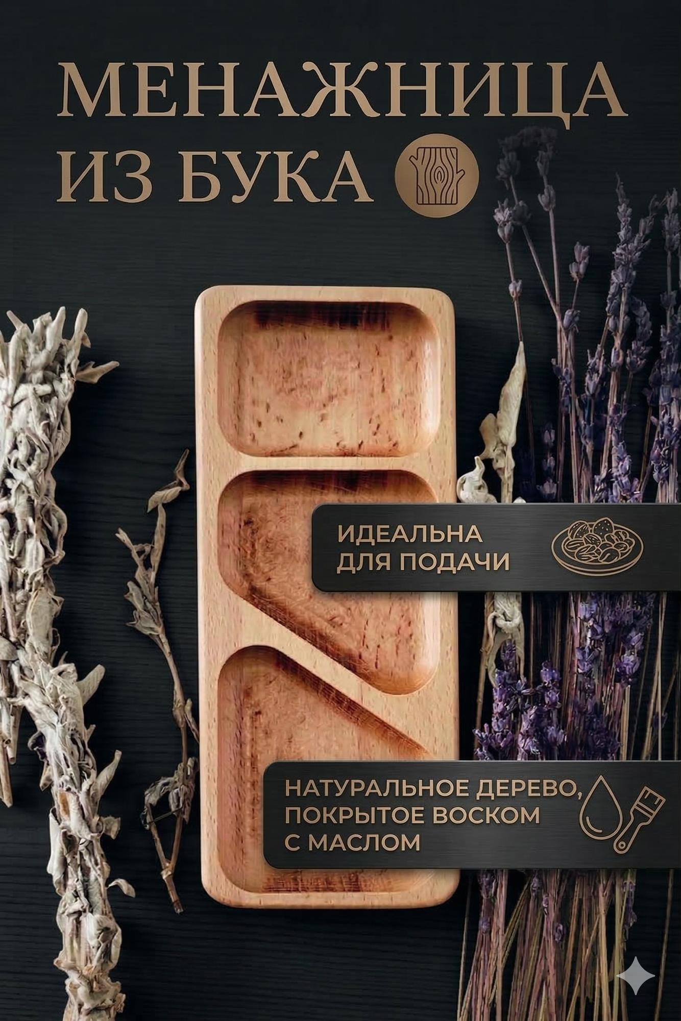 Сервировочная доска из бука, менажница, ручная работа, деревянная, 22x9x2 см