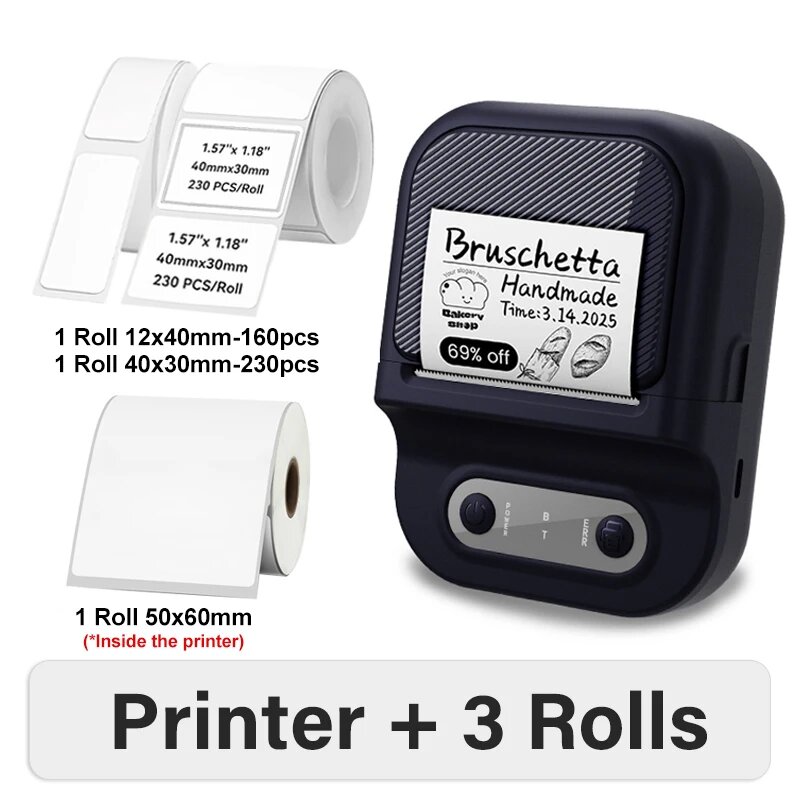 Marklife Мини-термопринтер для этикеток 12-57 мм Bluetooth, Цвет: Add 2 rolls set