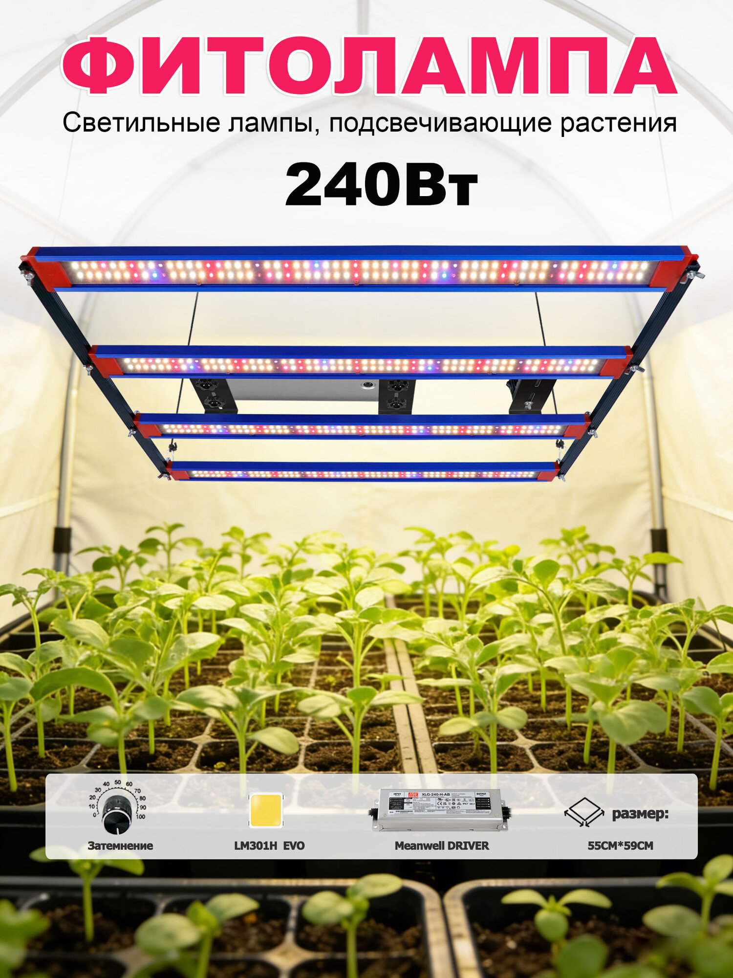 Светильник для растений/ quantum board c диодами LM-301H EVO, фитолампа 240 ватт, Mean Well, квантум борд
