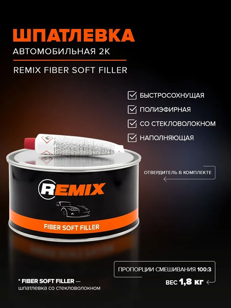Шпатлевка автомобильная со стекловолокном 1,8 кг 2к светло-зеленая с отвердителем / REMIX / шпаклёвка стекловолокно