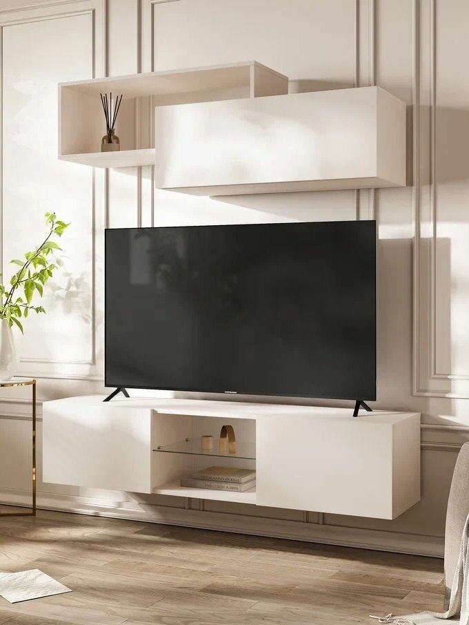 Стенка в гостиную под телевизор Норд, мебель с подвесными секциями для хранения, 150х35х170 см, Кашемир