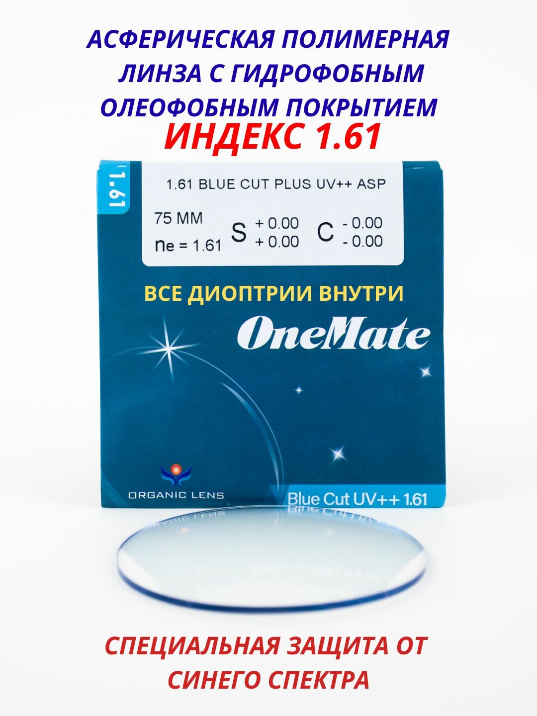 Линза для очков, сфера -3.75 Утонченные BlUE CUT UV ASP OneMate индекс 1.61