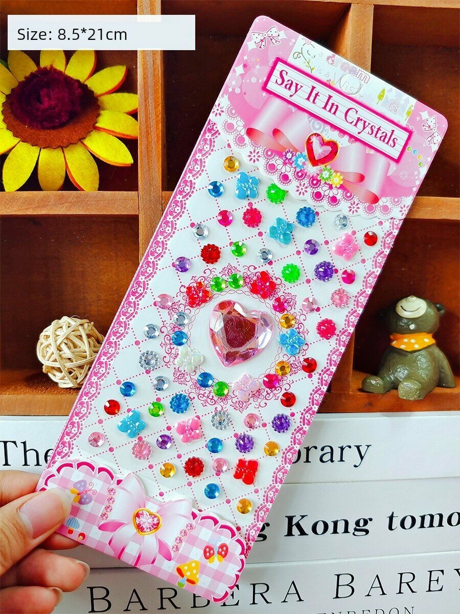 Наклейки-алмазы с большим сердцем цветные, набор клеевых камней для детских работ