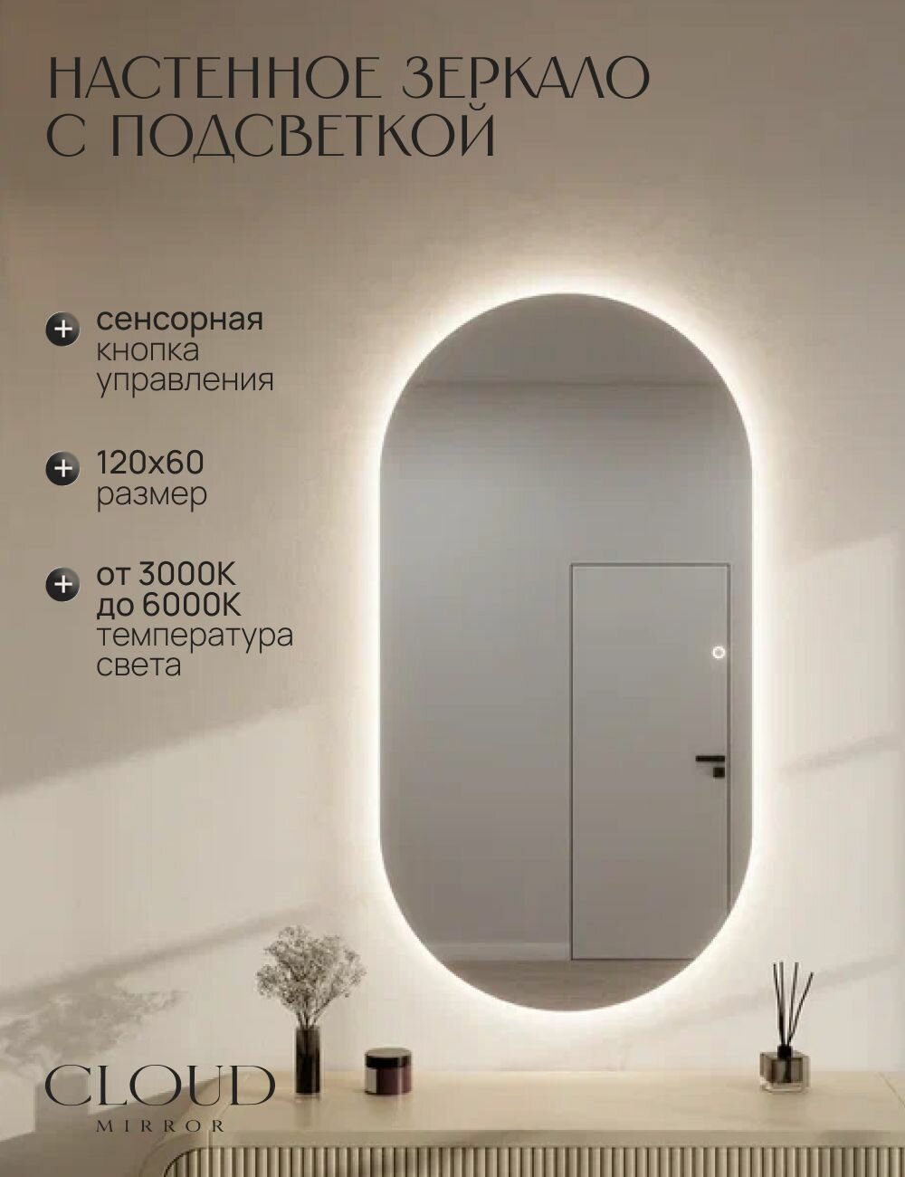 Зеркало 120х60 см. CLOUD MIRROR М6 настенное фигурное сенсорное