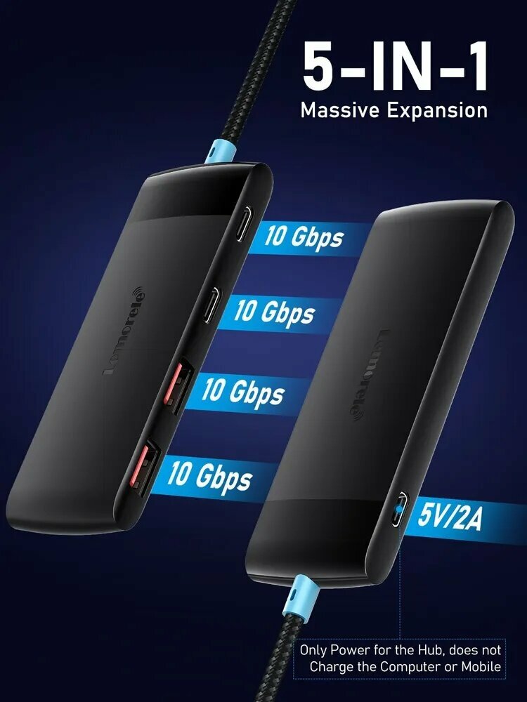 USB C хаб 5-в-1 с 10 Гбит/с USB 3.2 Gen 2 для SSD/HDD, совместим с Thunderbolt 4, Plug-and-Play для Mac/Windows