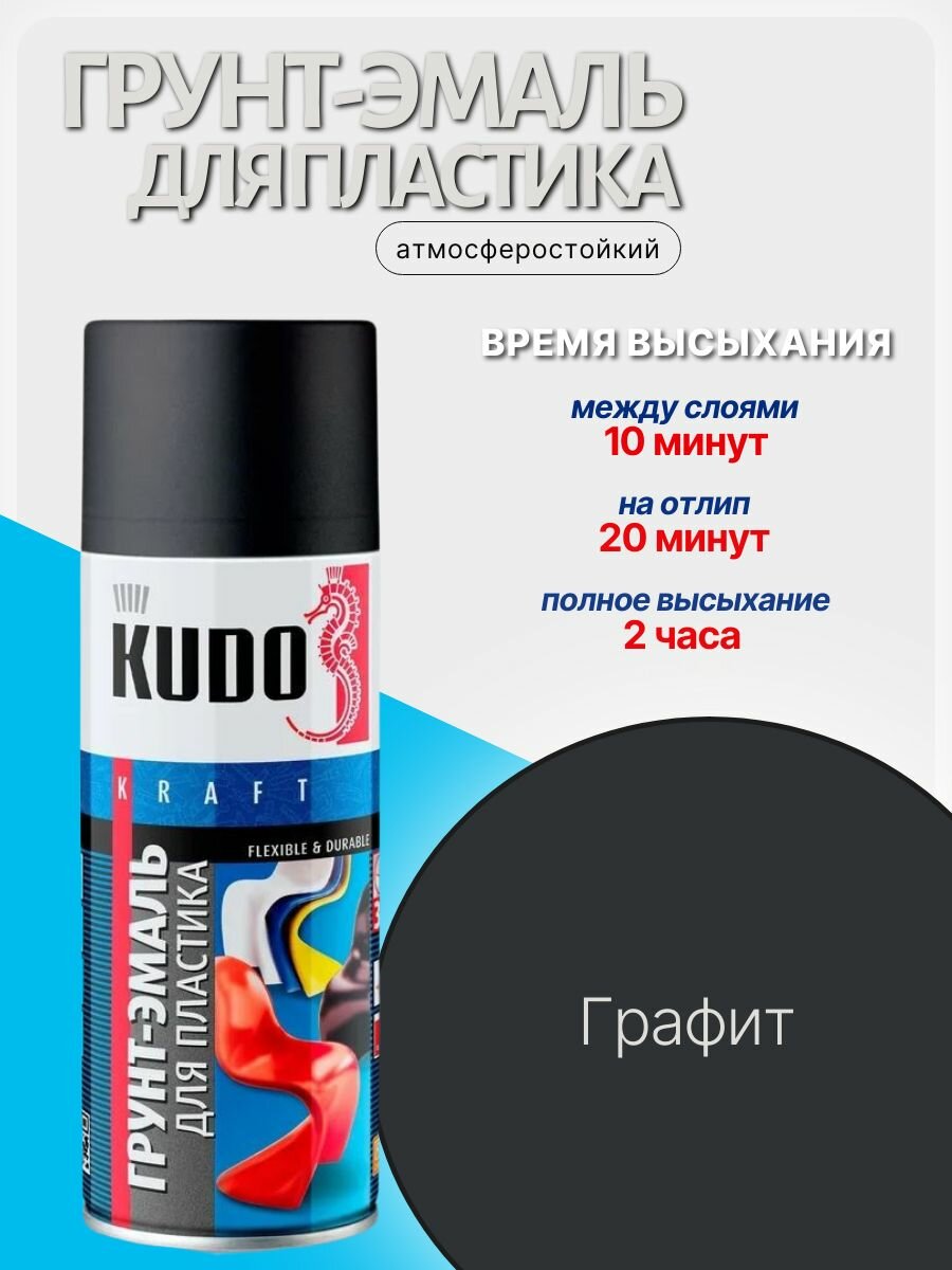 Аэрозоль KUDO грунт-эмаль для пластика быстросохнущая, Графит, 520мл