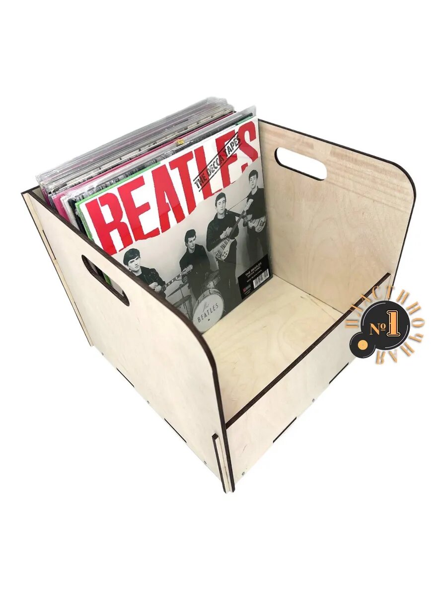 Ящик для хранения виниловых пластинок с вырубными ручками дерево фанера