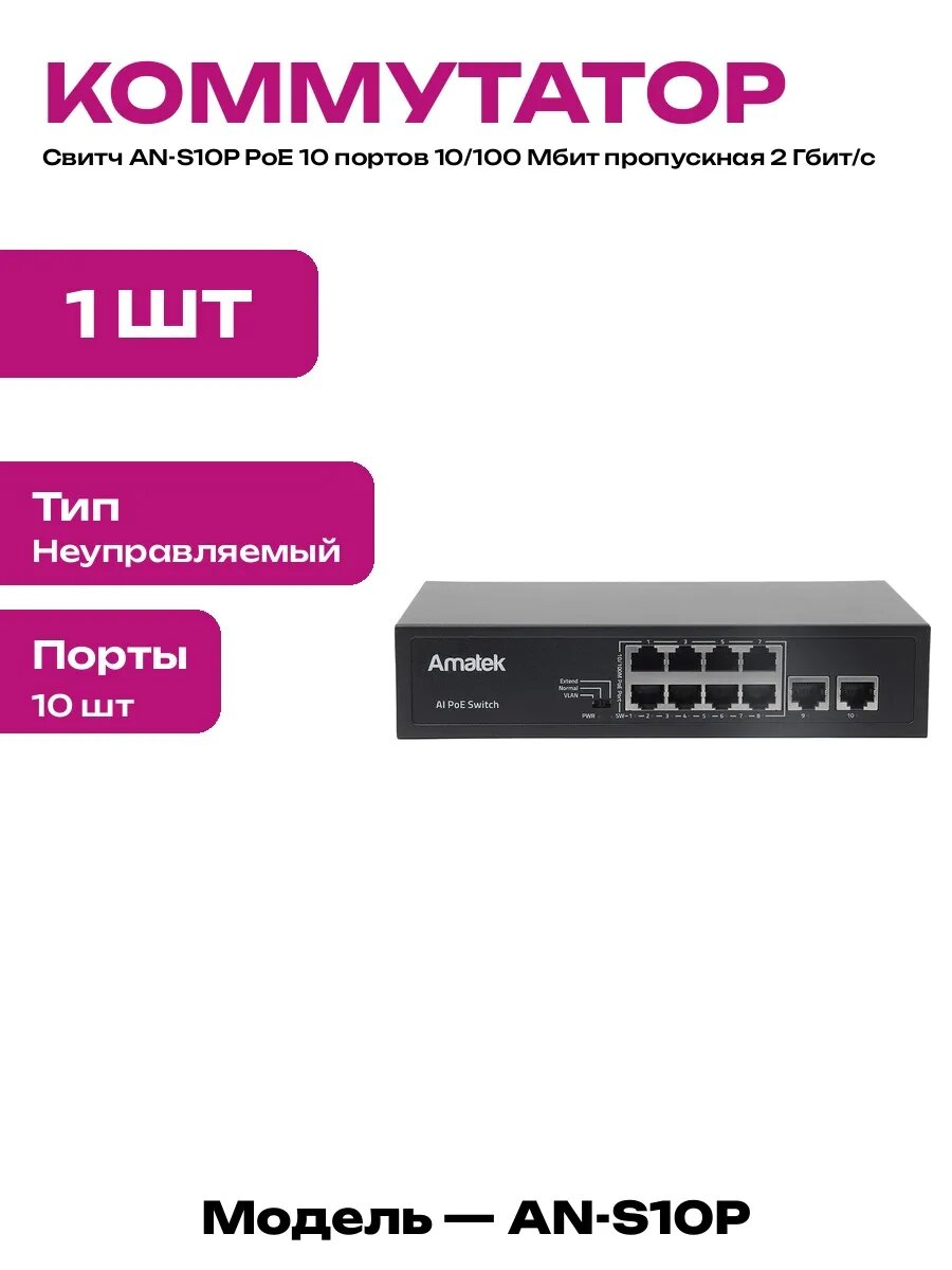 Коммутатор AN-S10P PoE 8 портов 10/100 2 uplink порта 10/100