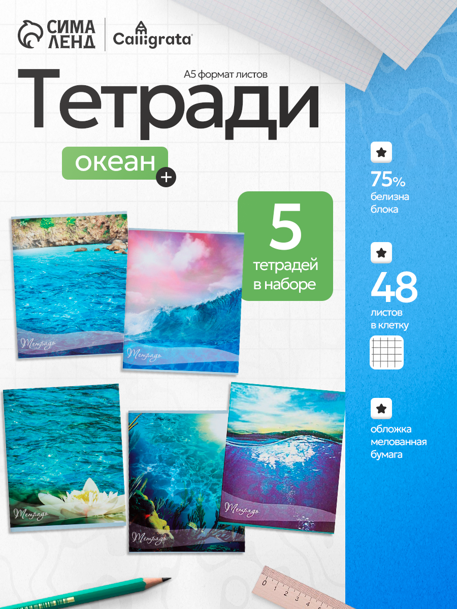 Комплект тетрадей из 5 штук (4 разные + 1 повторяющаяся), 48 л в клетку Calligrata "Океан", блок №2 (серые листы)