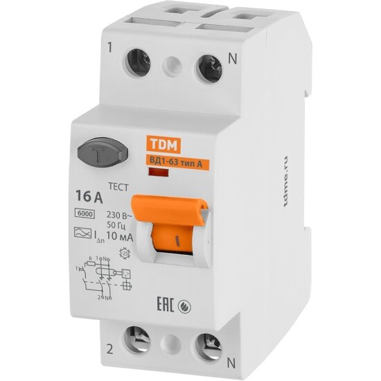 Устройство защитного отключения (УЗО) Tdm Electric ВД1-63 2Р 16А 10мА тип А (SQ0203-0092)