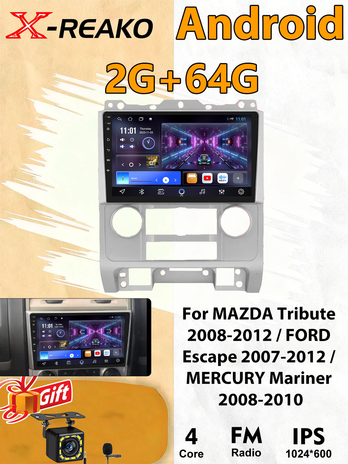Магнитола для авто Mazda Tribute 2007-2011/Мазда Трибьют Андроид с переходной рамкой