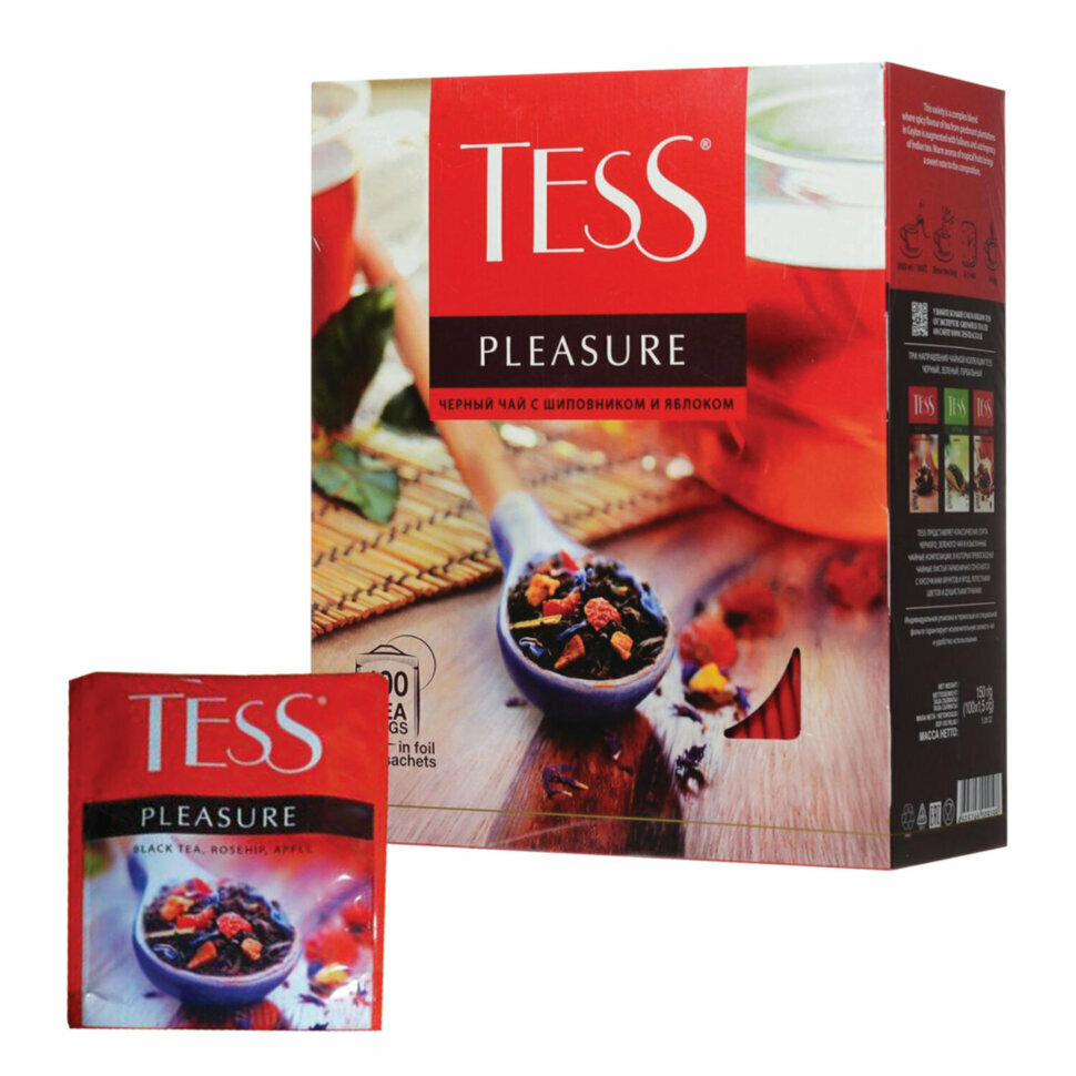 Чай TESS "Pleasure" черный с шиповником, яблоком, лимонным сорго, 100 пакетиков в конвертах по 1,5 г, 0919-09, 621034