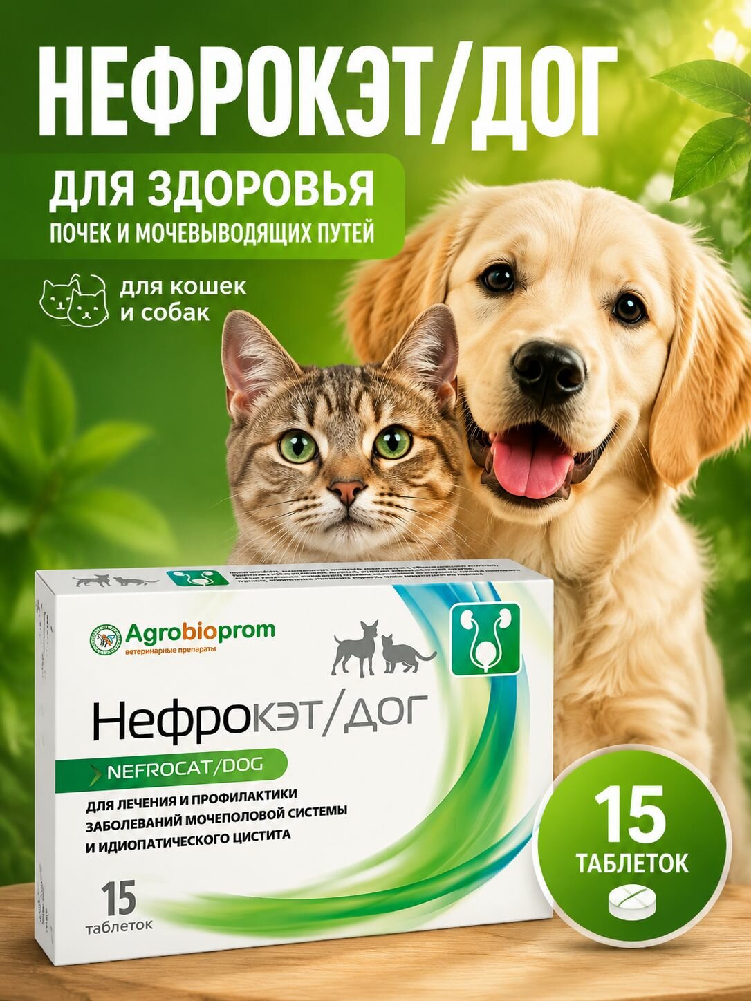 Нефрокэт/дог для кошек и собак, 15 таблеток, комплексный урологический препарат от цистита, мочекаменной болезни (МКБ) и для защиты почек