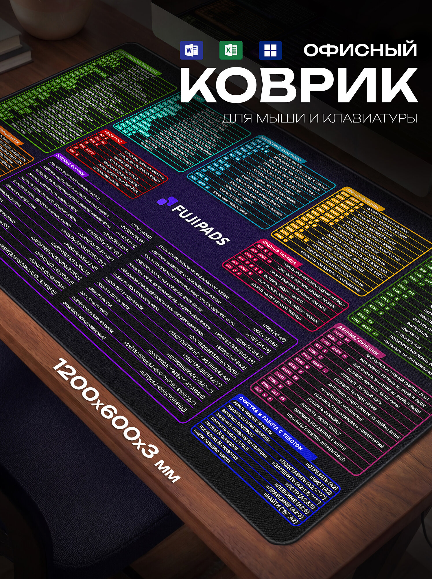 Коврик для компьютера 1200х600 с подсказками excel эксель