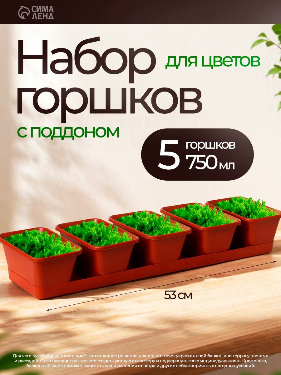 Горшки для рассады 0.75 л с поддоном, набор 5 шт, кашпо для цветов комнатных и уличных, пластиковые